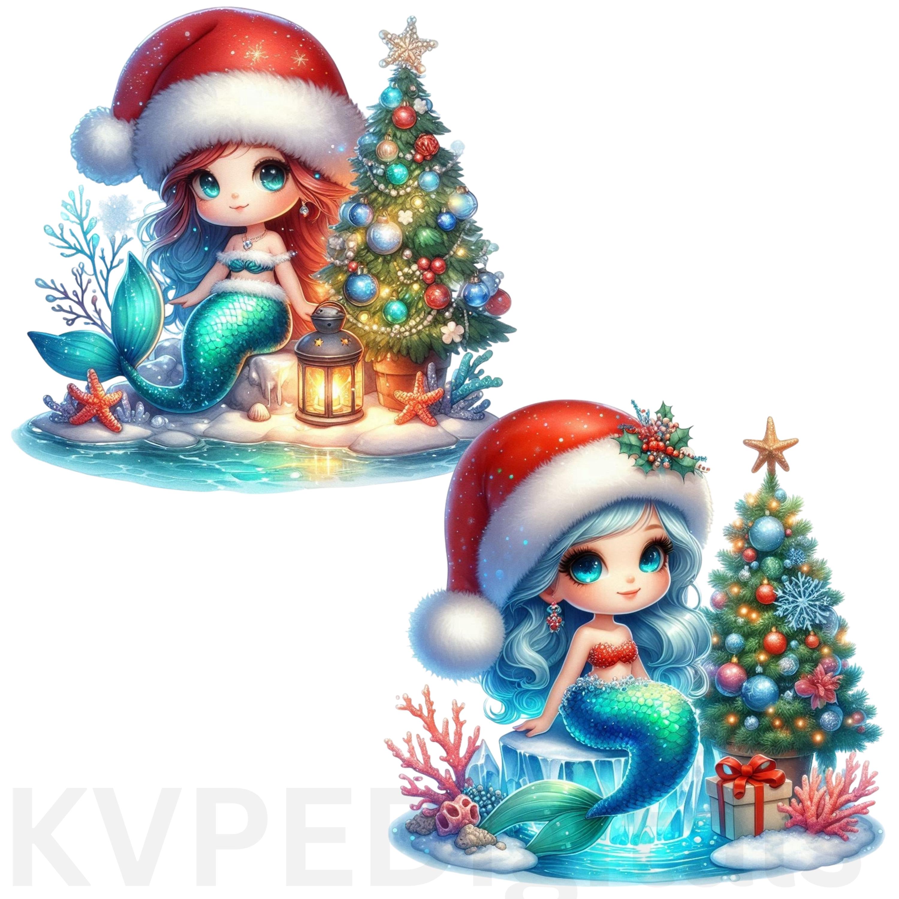 Christmas Mermaid Holiday Siren Watercolor Ocean Sea Beach Theme ...