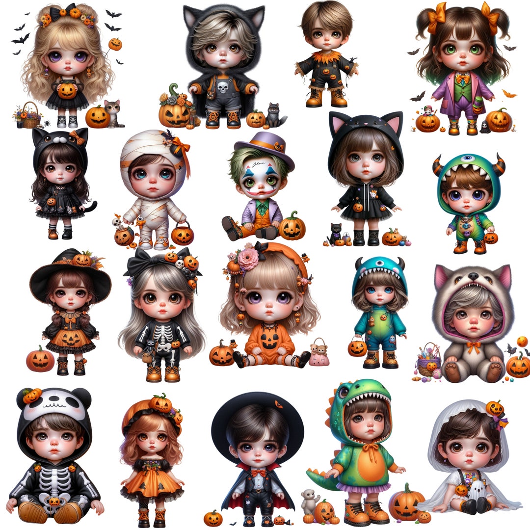 Cute Halloween Clipart Set, 68 Trick or Treat PNG, Spooky Chibi Kids ...