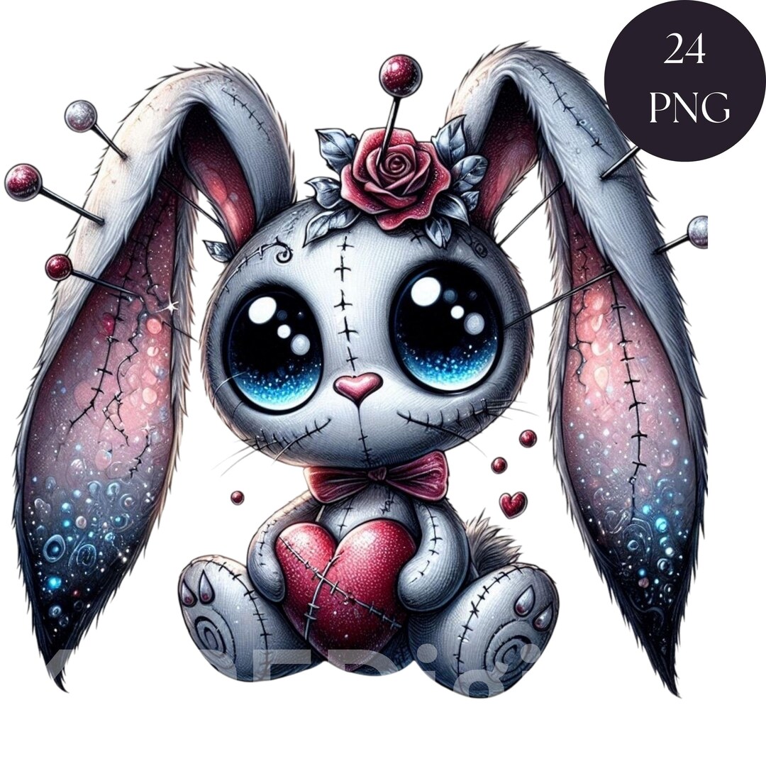 Valentine Bunny Voodoo Doll Watercolor Clipart Bundle, 24 PNG Digital ...