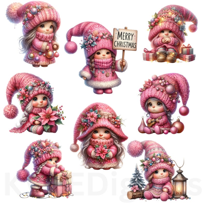 Christmas Gnome Pink Whimsical Winter Clipart, 17 Cute PNG Festive ...