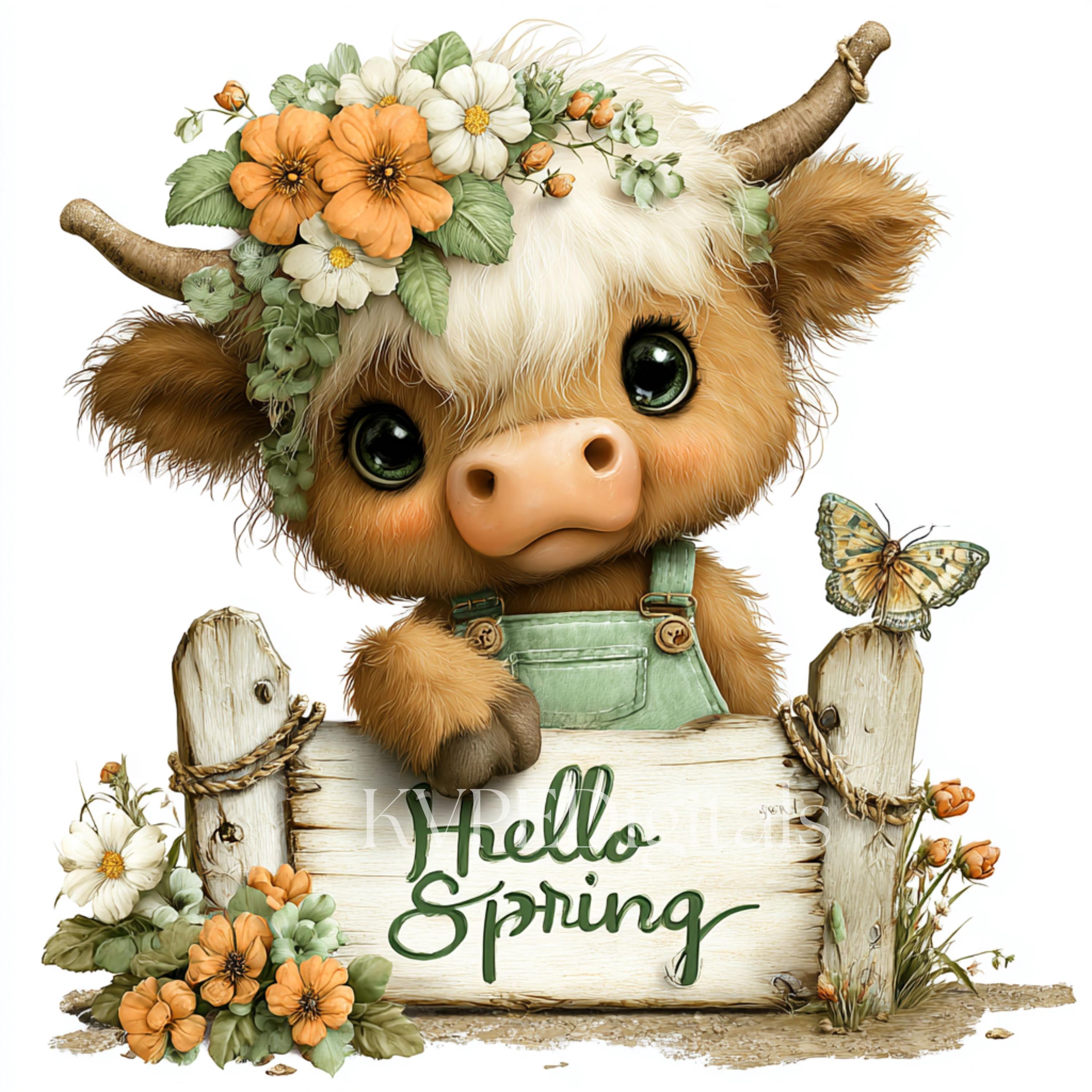 Spring Highland Cow Clipart, 19 PNG-JPG Cute Spring Baby Cow ...
