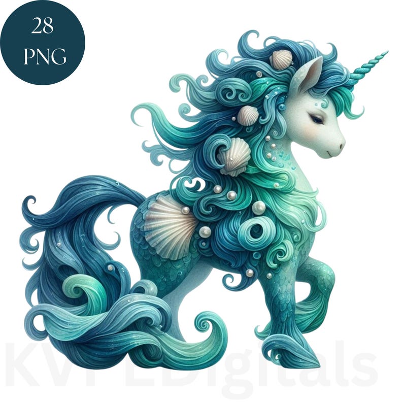 Magical Sea Unicorn Clipart, 28 PNG Ocean-themed Unicorn Digital Prints ...