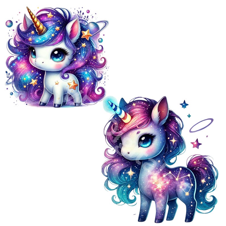 Watercolor Galaxy Unicorn Celestial Cosmic Clipart Bundle, 19 PNG Cute ...