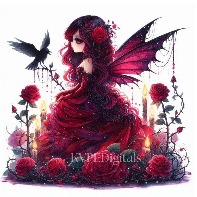 Blood Rose Gothic Fairy Clipart, 12 Jpeg Dark Fantasy Fairy With Petal ...