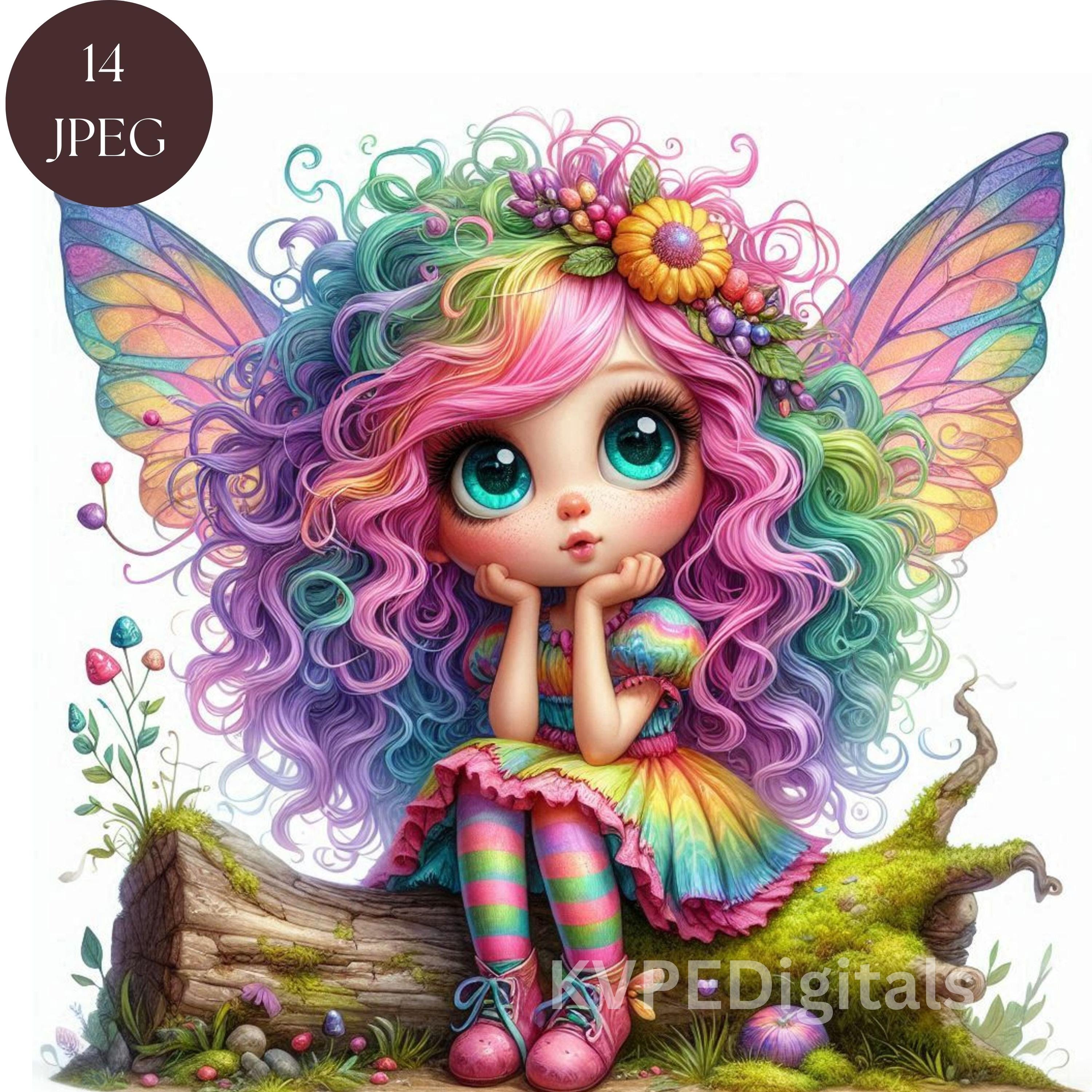 Colorful Fairy Clipart Bundle, 14 Jpeg Rainbow Hair Fairies With ...