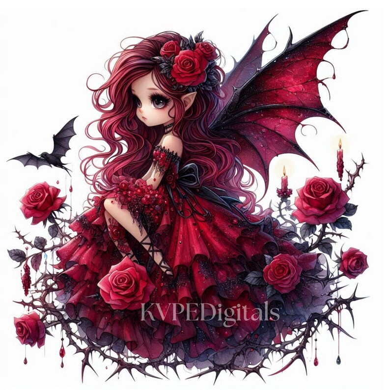 Blood Rose Gothic Fairy Clipart, 12 Jpeg Dark Fantasy Fairy With Petal ...