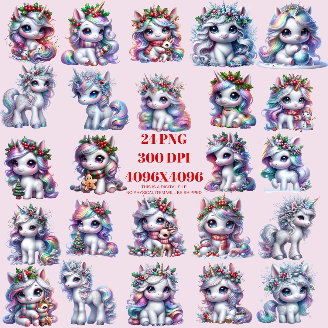 Christmas Unicorn Clipart Set, 24 Cute Colorful PNG Printables, Holiday ...