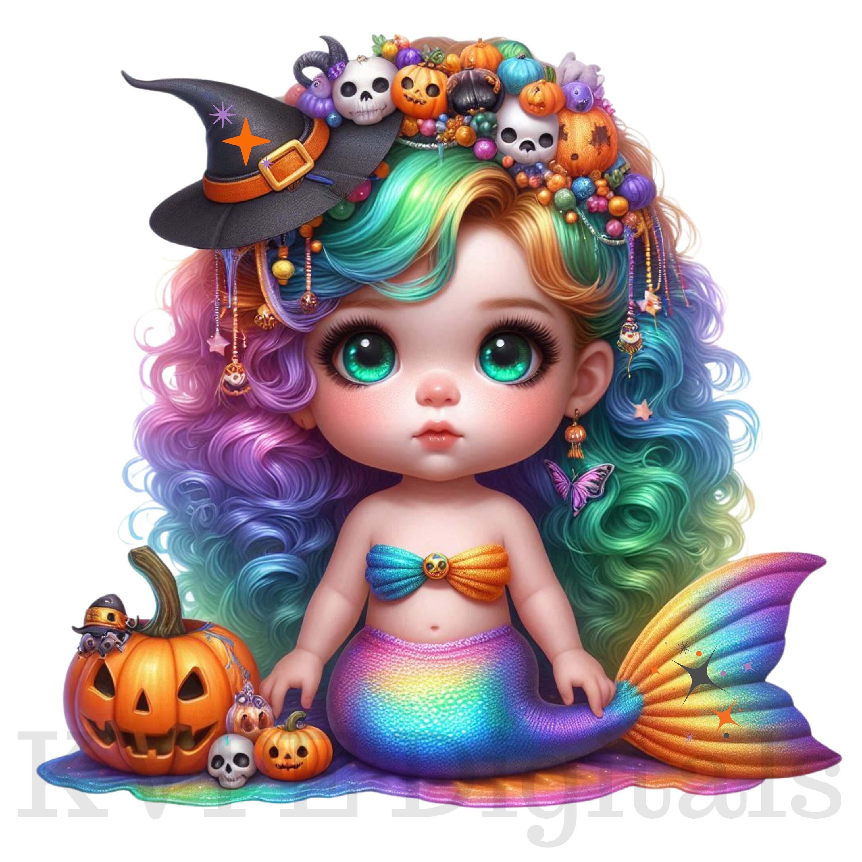 Halloween Mermaid Clipart, 16 Cute PNG Colorful Mystical Siren for a ...