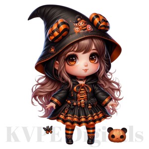 Halloween Chibi Girls Clipart, 18 Cute PNG Spooky Printables, Trick or ...