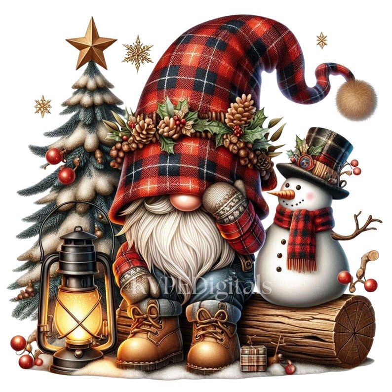 Rustic Buffalo Plaid Christmas Gnome Clipart Bundle, 20 PNG JPEG Cute ...