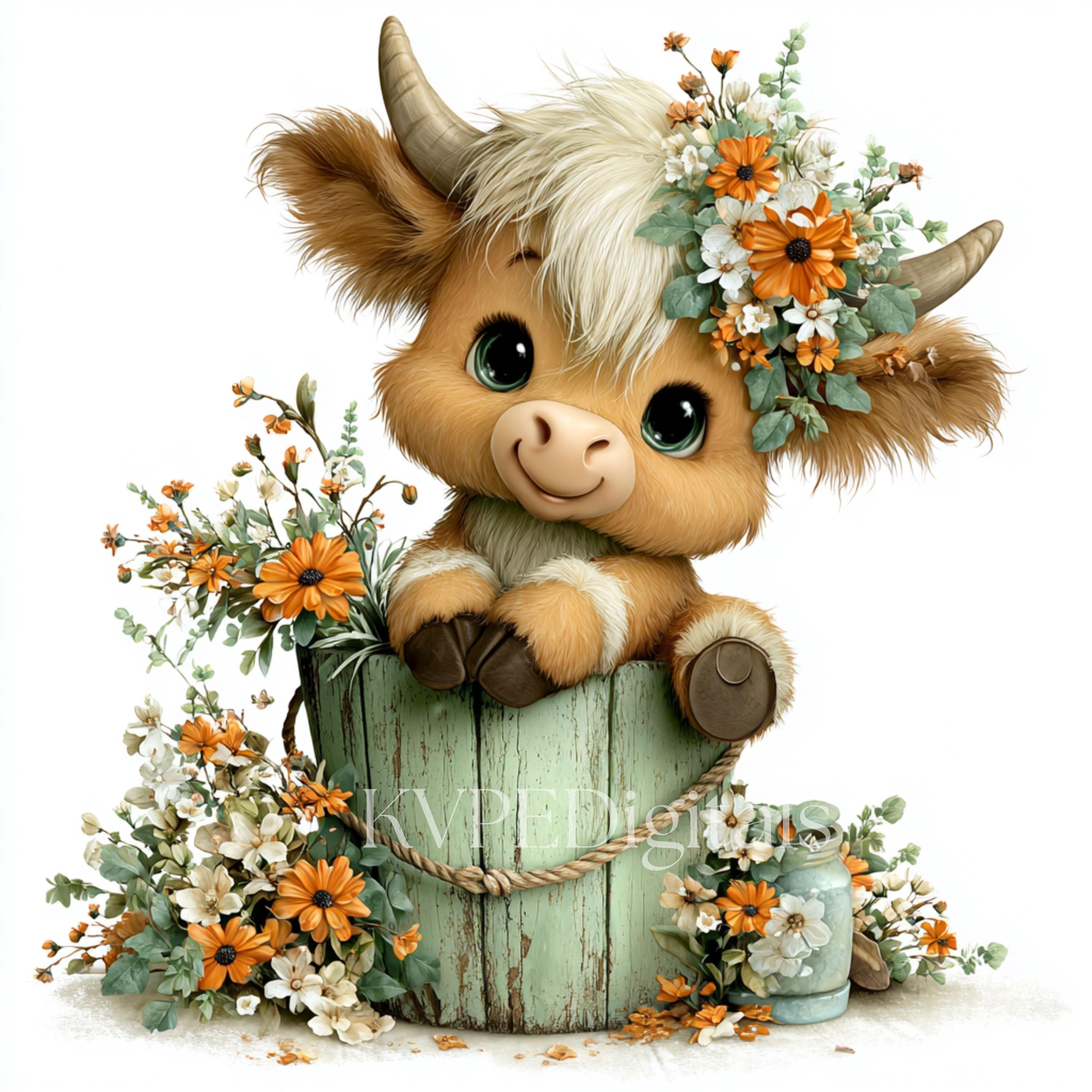 Spring Highland Cow Clipart, 19 PNG-JPG Cute Spring Baby Cow ...