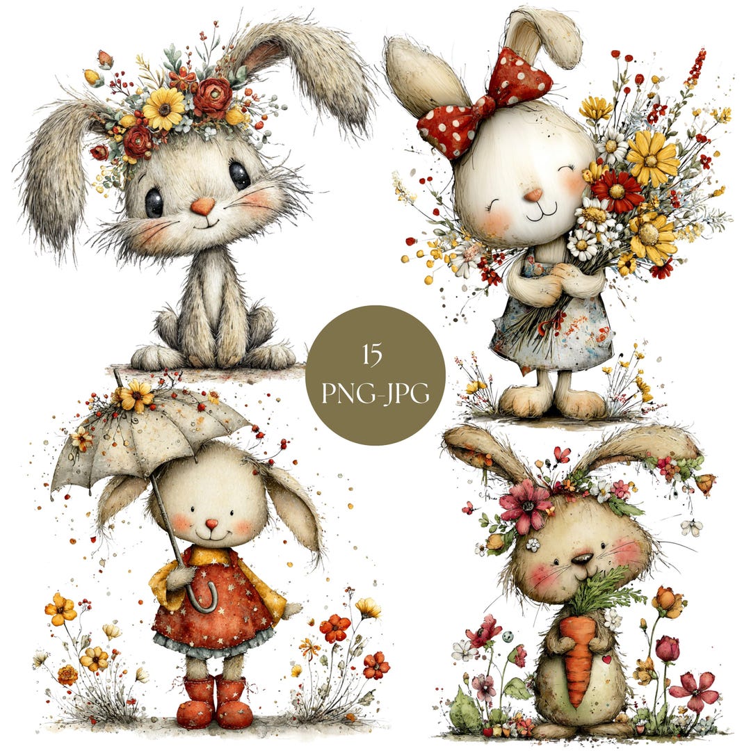 Spring Bunny Clipart, 15 PNG-JPG Whimsical Spring Garden Rabbit W ...