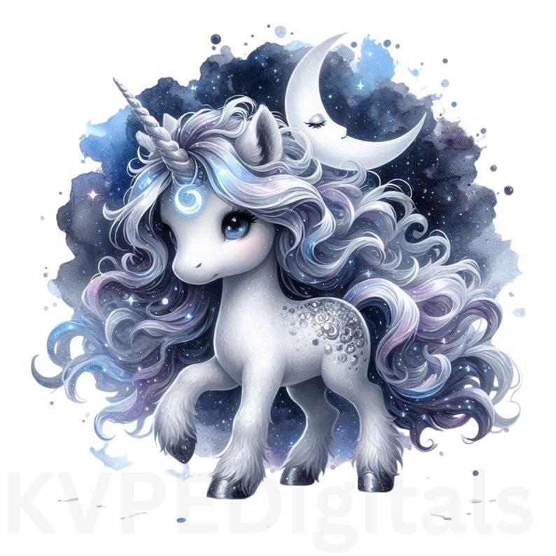 Moonlight Unicorn Clipart Bundle, 20 PNG Mystical Celestial Unicorns With Galaxy Hair and Lunarb ...