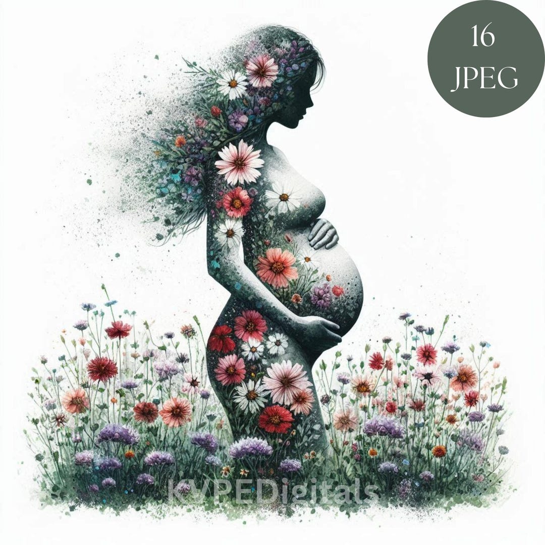 Spring Floral Pregnant Woman, 16 Jpeg Mother to Be Clipart Bundle, Cute ...