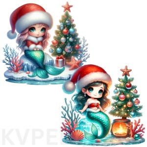 Christmas Mermaid Holiday Siren Watercolor Ocean Sea Beach Theme ...