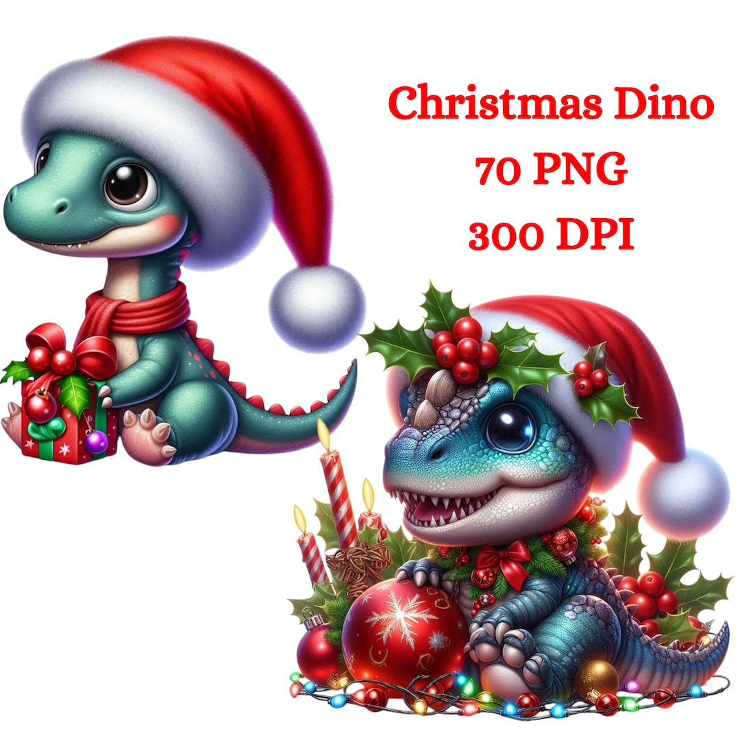Christmas Dinosaur Clipart, 70 Cute PNG Jurassic Printables, Instant ...