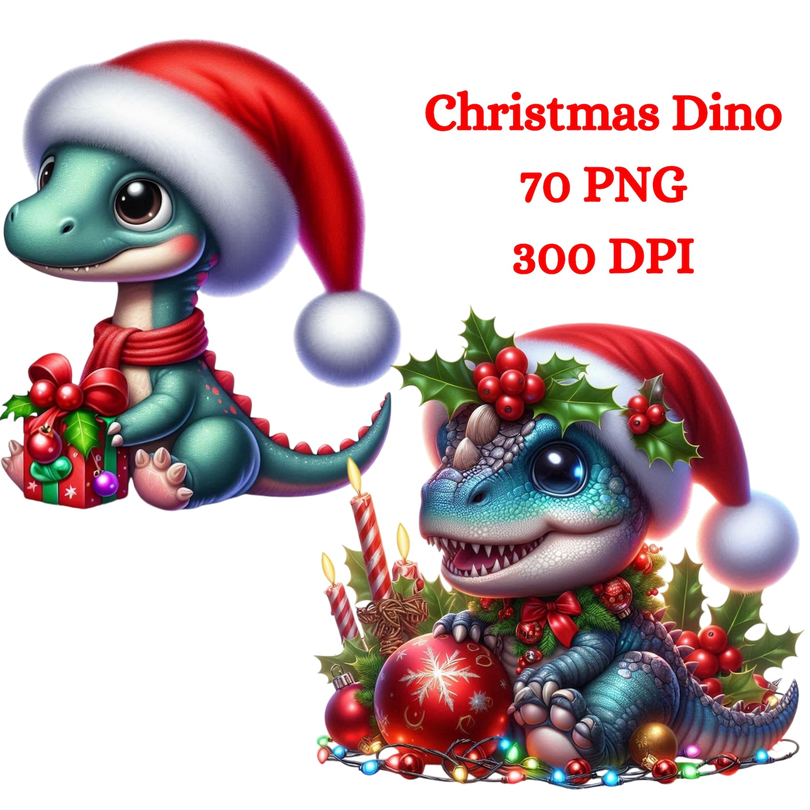 Christmas Dinosaur Clipart, 70 Cute PNG Jurassic Printables, Instant ...