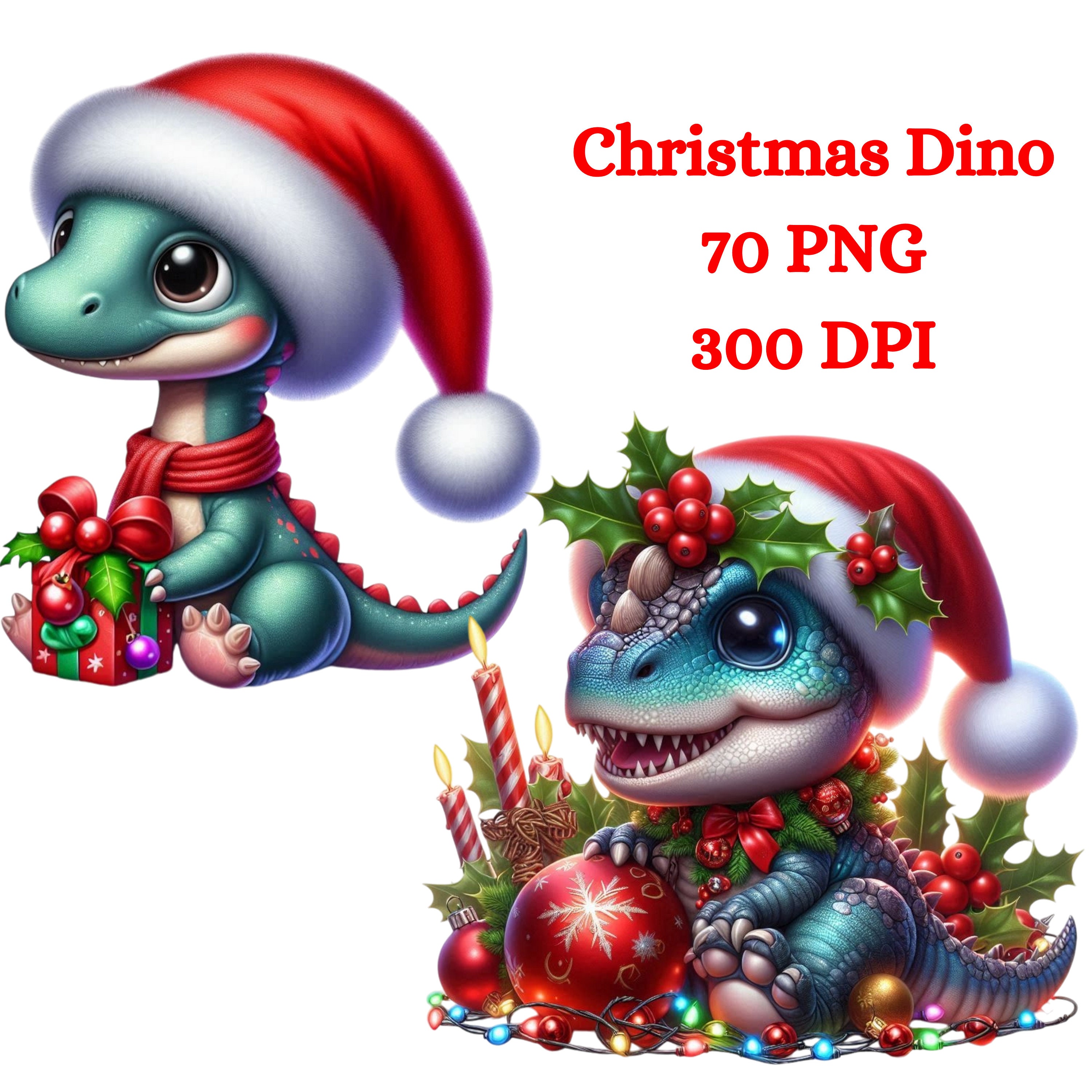 Christmas Dinosaur Clipart, 70 Cute PNG Jurassic Printables, Instant ...