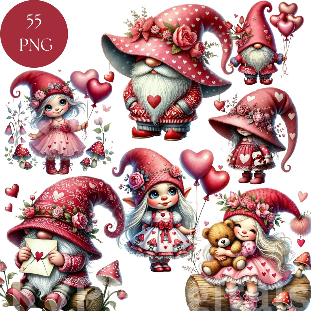 Valentine Gnome PNG Bundle Watercolor Valentines Day Clipart, 55 PNG ...
