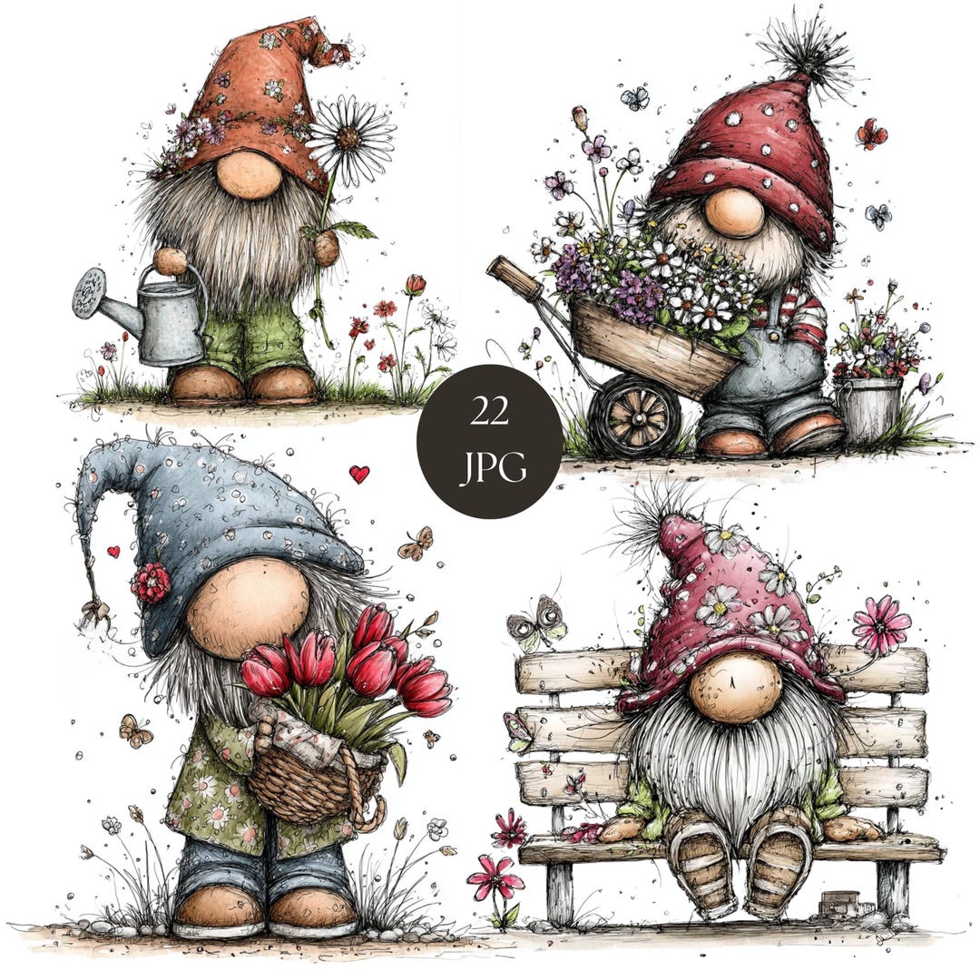 Whimsical Spring Gnome Clipart, 22 JPG Cute Floral Gnomes, Digital ...