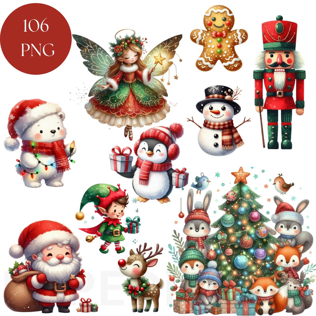 106 PNG Cute Christmas Clipart Bundle Santa, Snowman, Fairy, Nutcracker ...