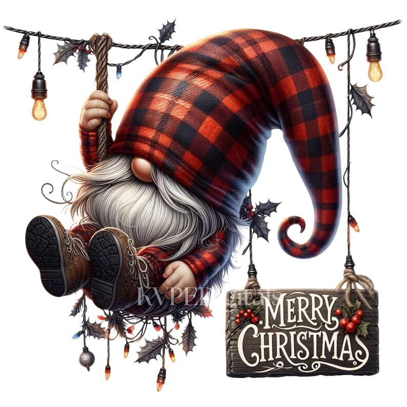Rustic Buffalo Plaid Christmas Gnome Clipart Bundle, 20 PNG JPEG Cute ...