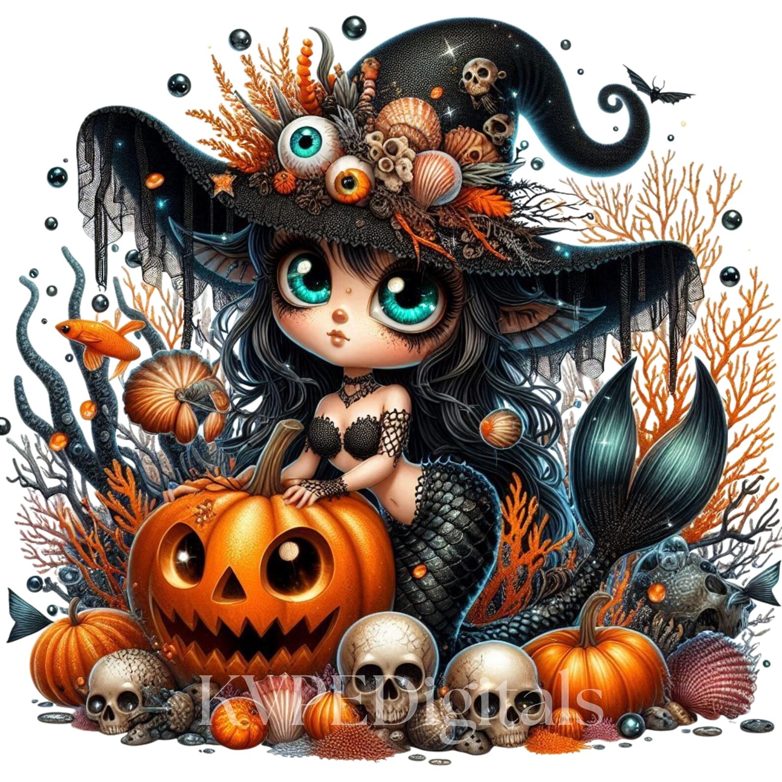 Halloween Witch Mermaid, 18 PNG JPEG Spooky Underwater Sea Creature ...