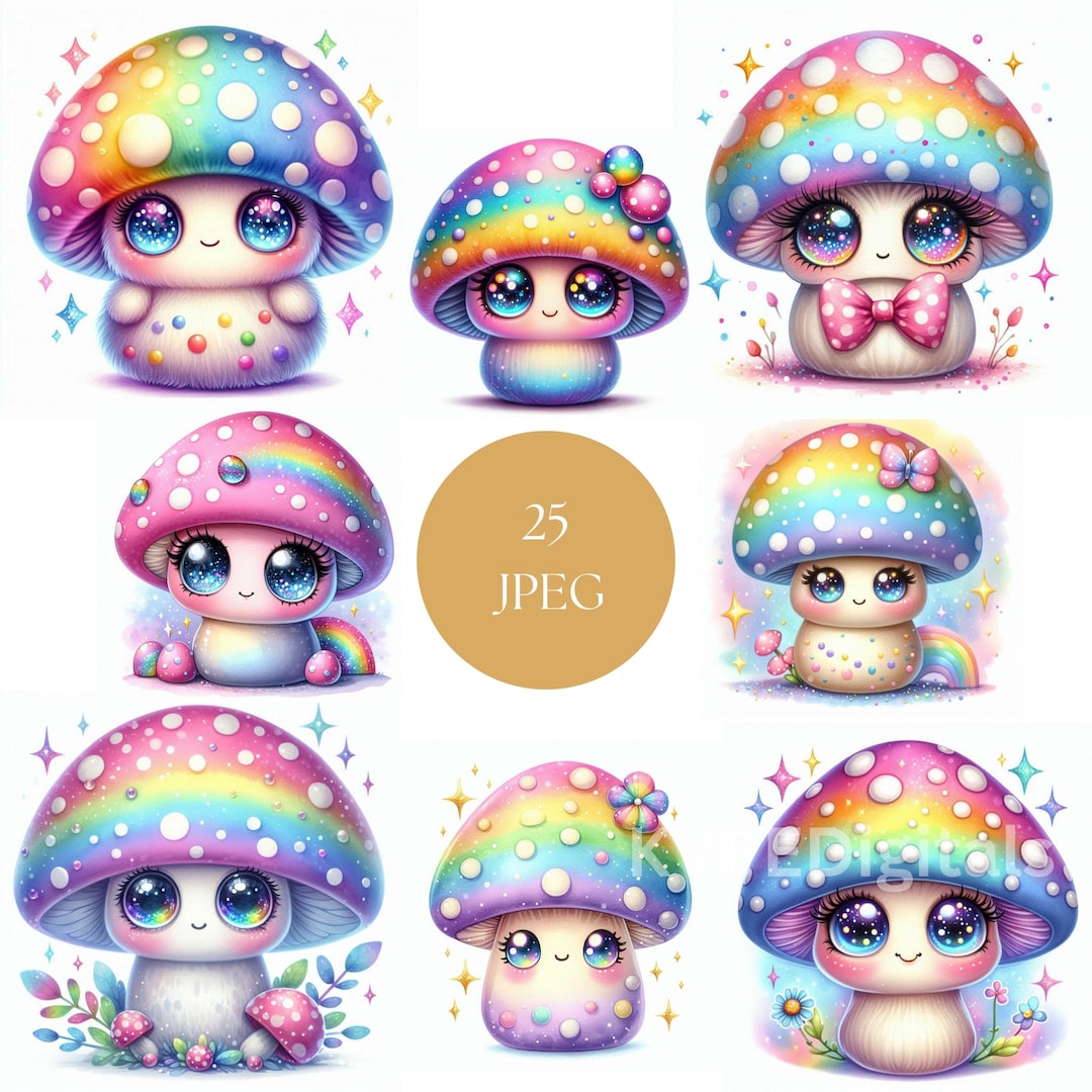 Rainbow Mushroom Clipart Bundle, 25 Jpeg Colorful Cute Magical ...