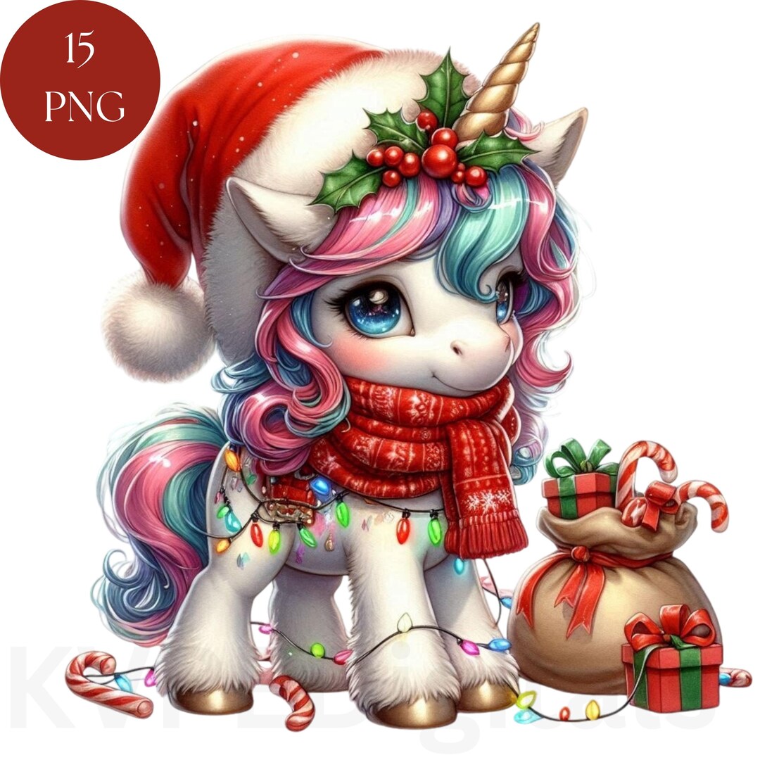 Santa's Unicorn Clipart, 15 PNG Cute Christmas Printables, Holiday ...