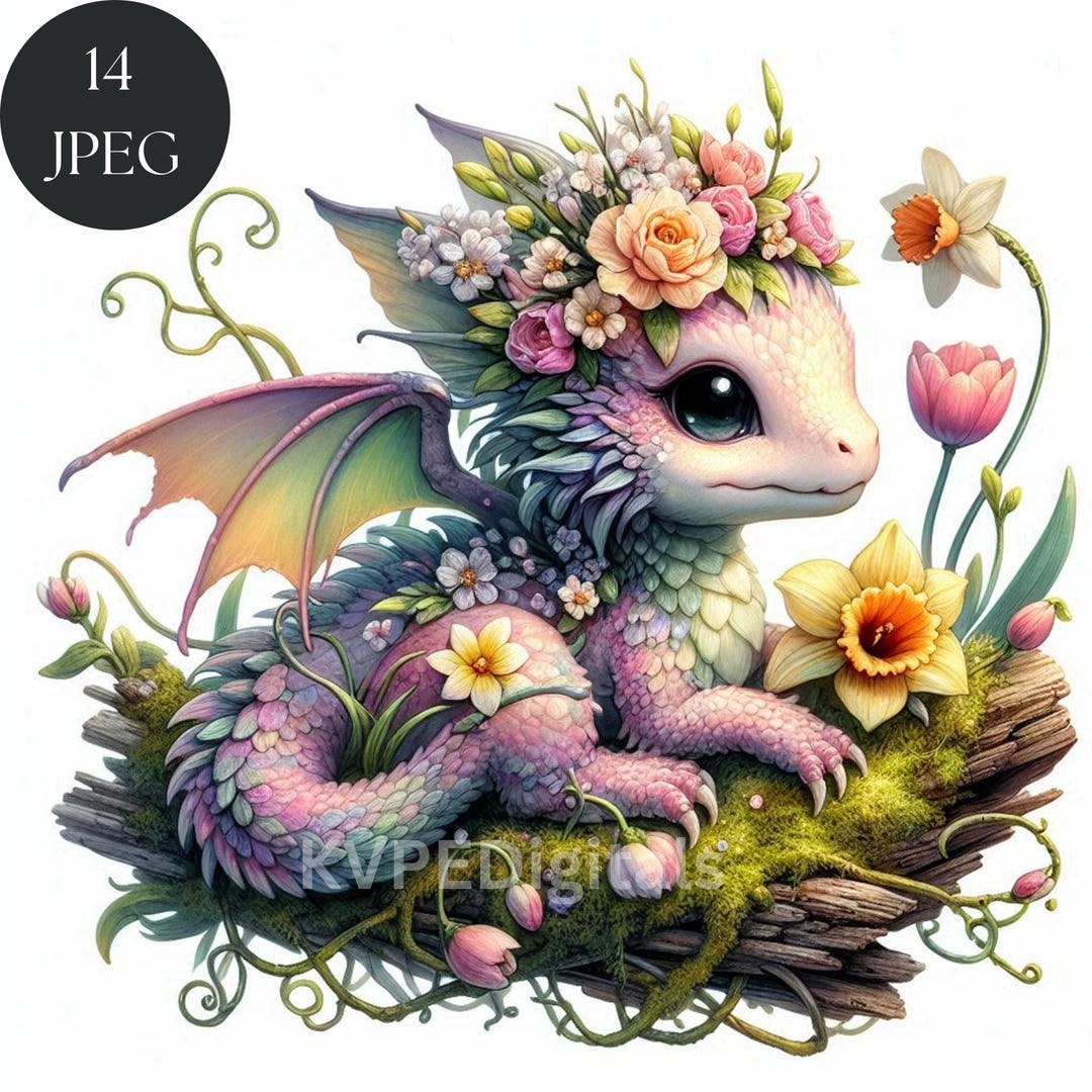 Spring Floral Dragon, 14 Jpeg Cute Springtime Baby Dragons, Magical ...