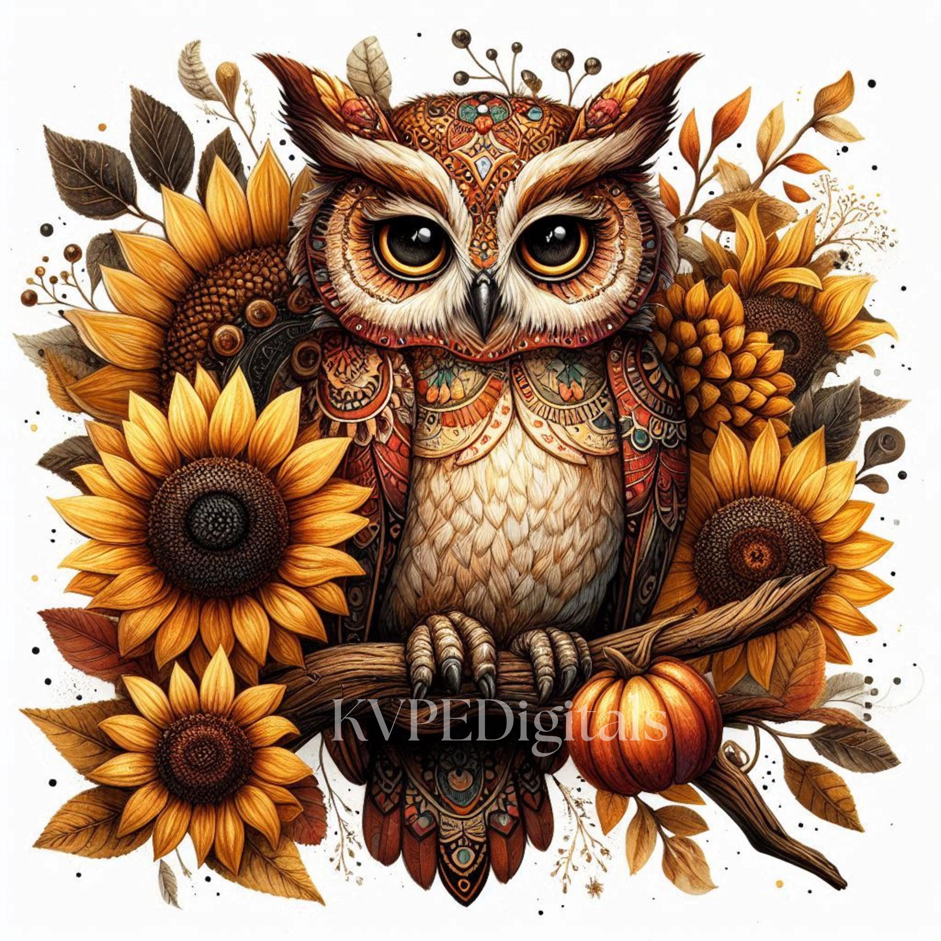 Autumn Owl and Sunflower Clipart Bundle, 13 Jpeg Fall Forest Owl ...