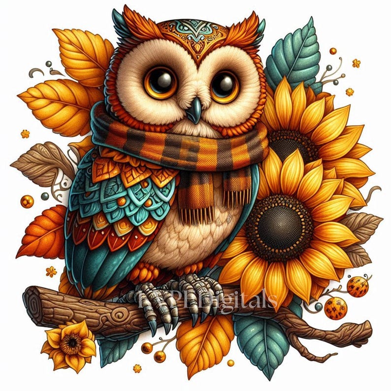 Autumn Owl and Sunflower Clipart Bundle, 13 Jpeg Fall Forest Owl ...