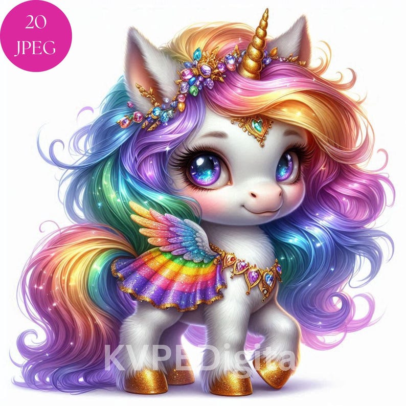 Rainbow Unicorn Clipart Bundle, 20 Jpeg Rainbow Party Unicorn, Sparkly ...