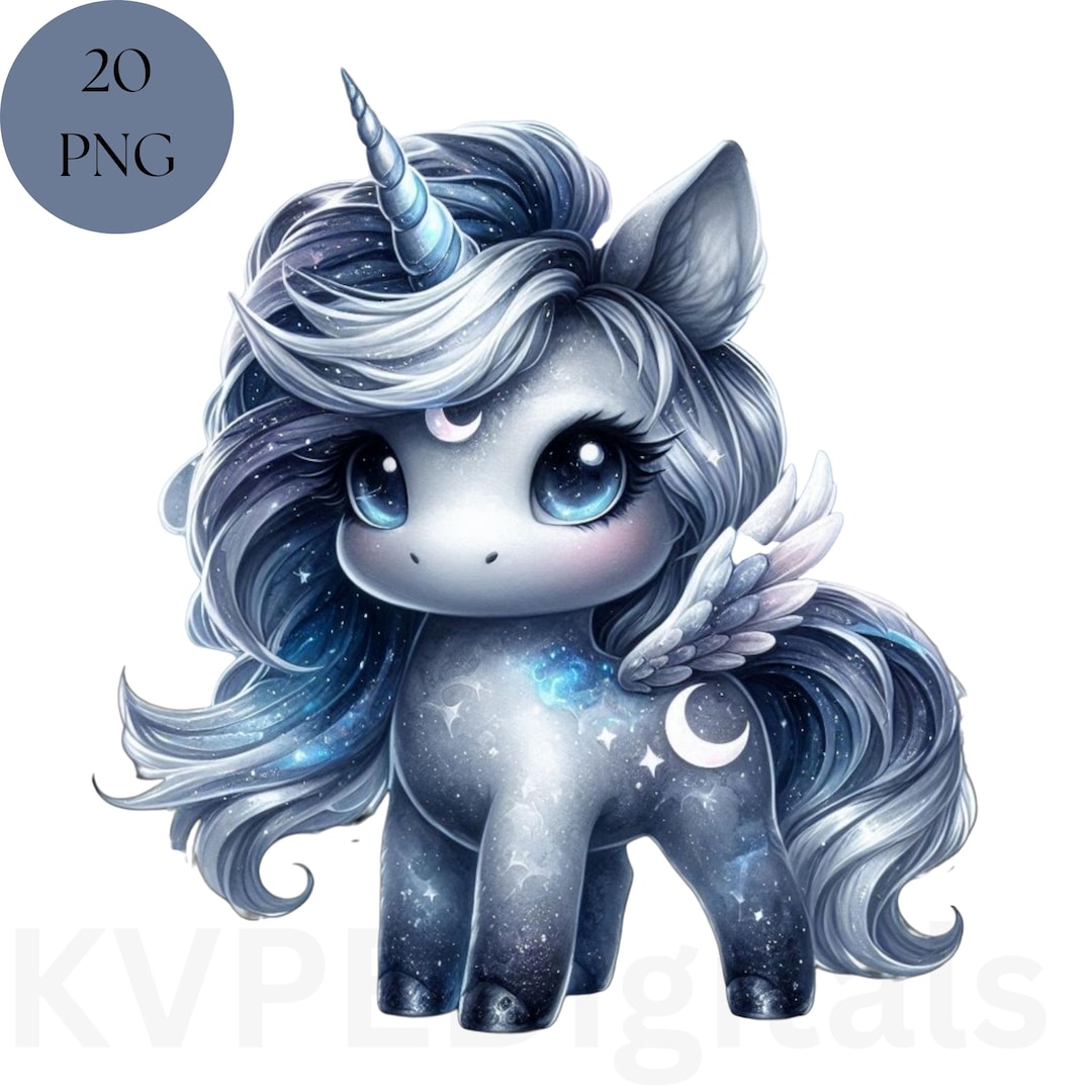 Moonlight Unicorn Clipart Bundle, 20 PNG Mystical Celestial Unicorns With Galaxy Hair and Lunarb ...