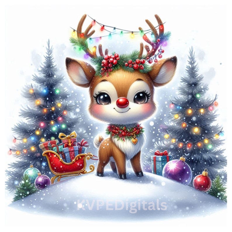 Cute Red-nosed Reindeer Clipart, 14 Jpeg Christmas Cartoon Reindeer ...