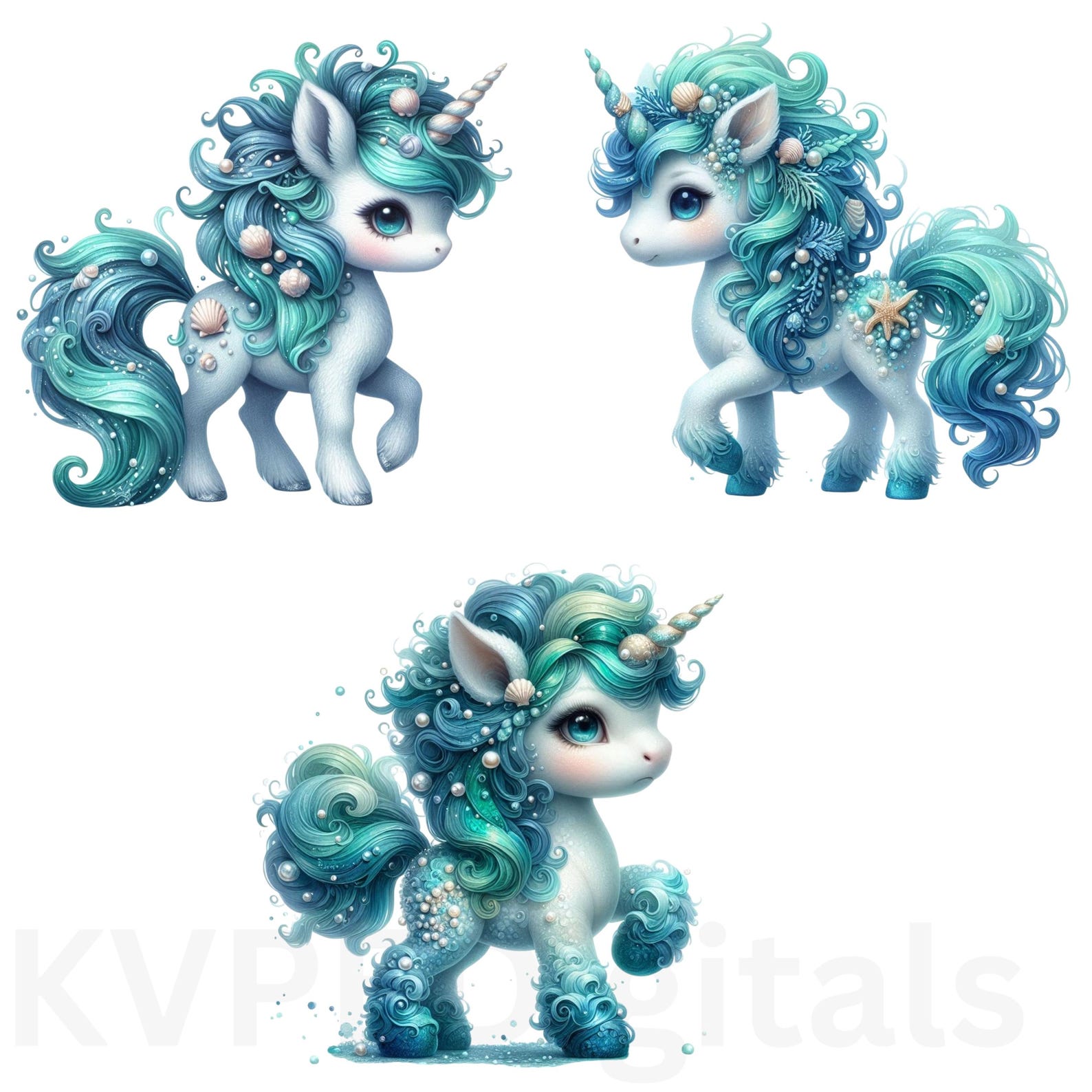 Magical Sea Unicorn Clipart, 28 PNG Ocean-themed Unicorn Digital Prints ...