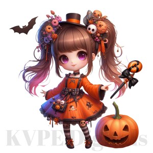 Halloween Chibi Girls Clipart, 18 Cute PNG Spooky Printables, Trick or ...