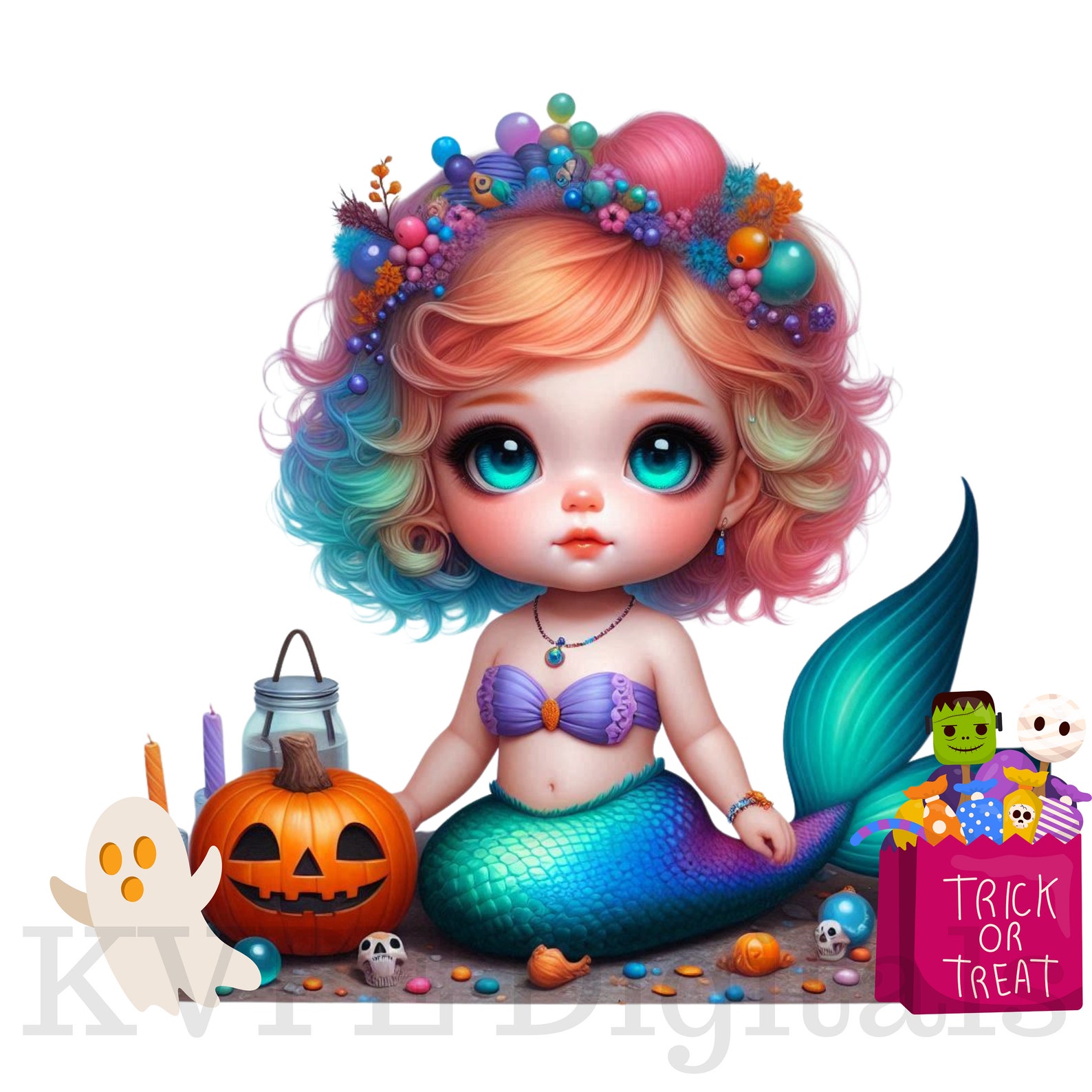 Halloween Mermaid Clipart, 16 Cute PNG Colorful Mystical Siren for a ...