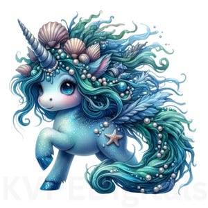 Ocean Themed Unicorn Marine Baby Unicorn Under Water Clipart, 12 PNG ...