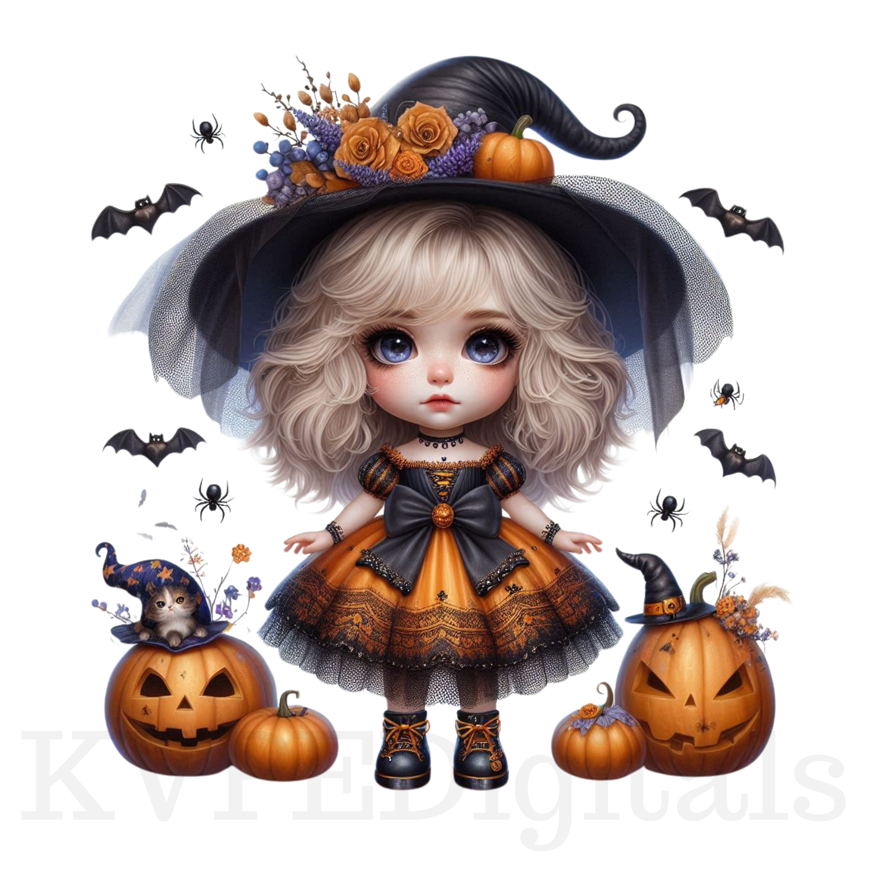 Halloween Witch Clipart Set, 10 Cute Chibi Girls PNG, Spooky Trick or ...