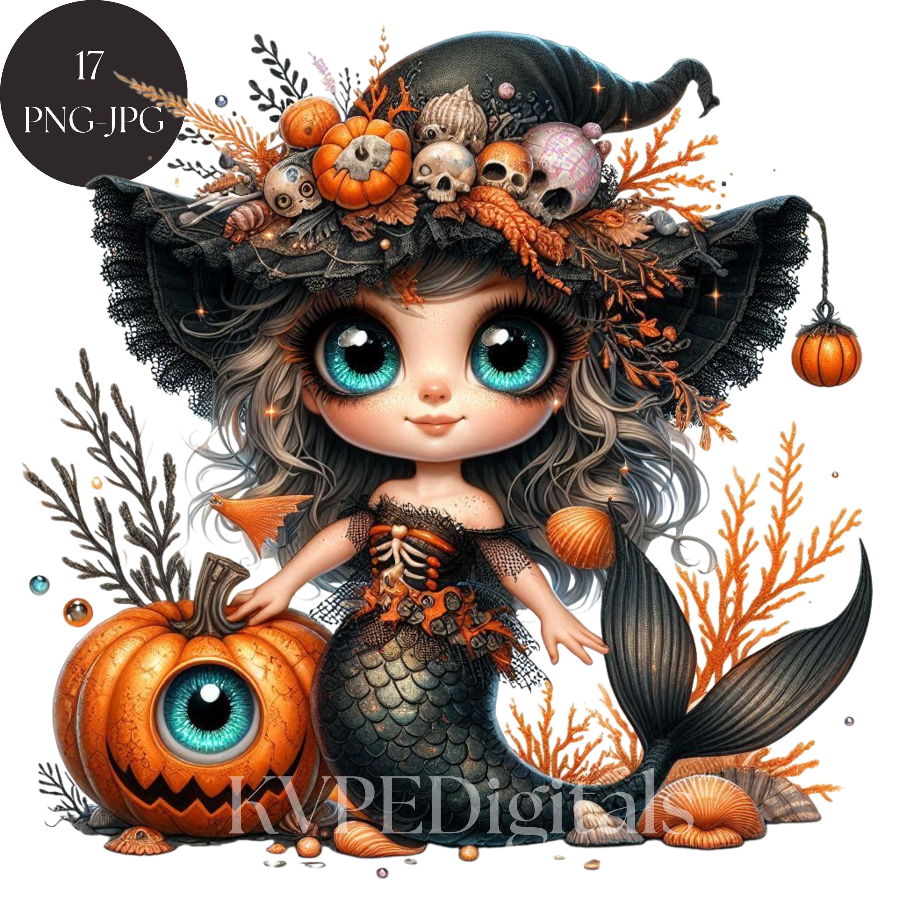 Halloween Witch Mermaid, 18 PNG JPEG Spooky Underwater Sea Creature ...