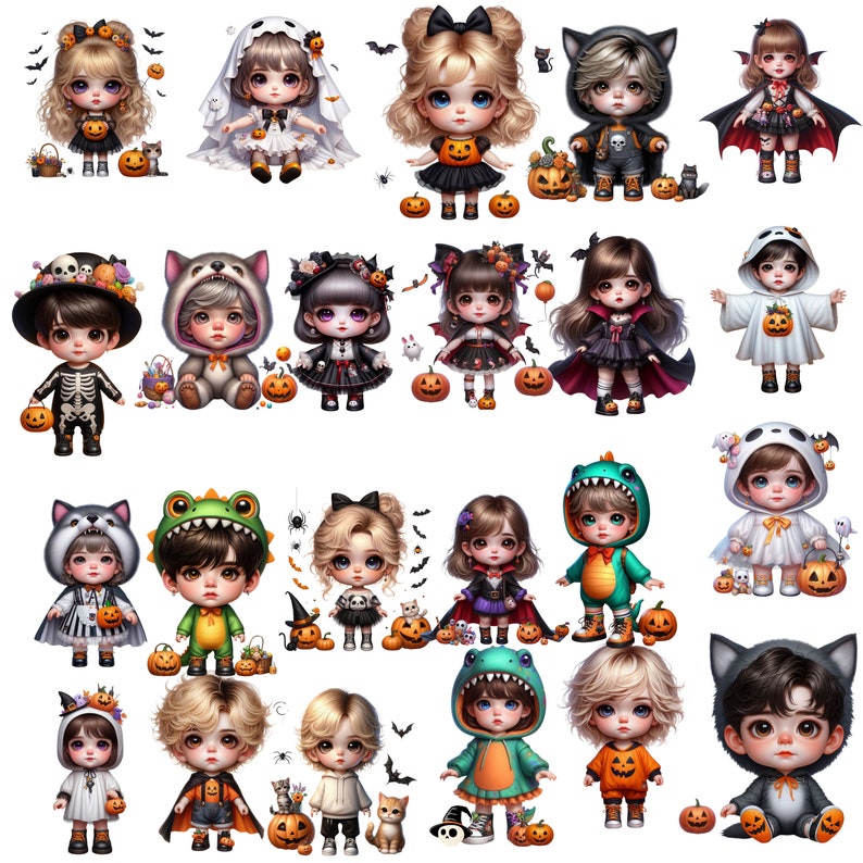 Cute Halloween Clipart Set, 68 Trick or Treat PNG, Spooky Chibi Kids ...