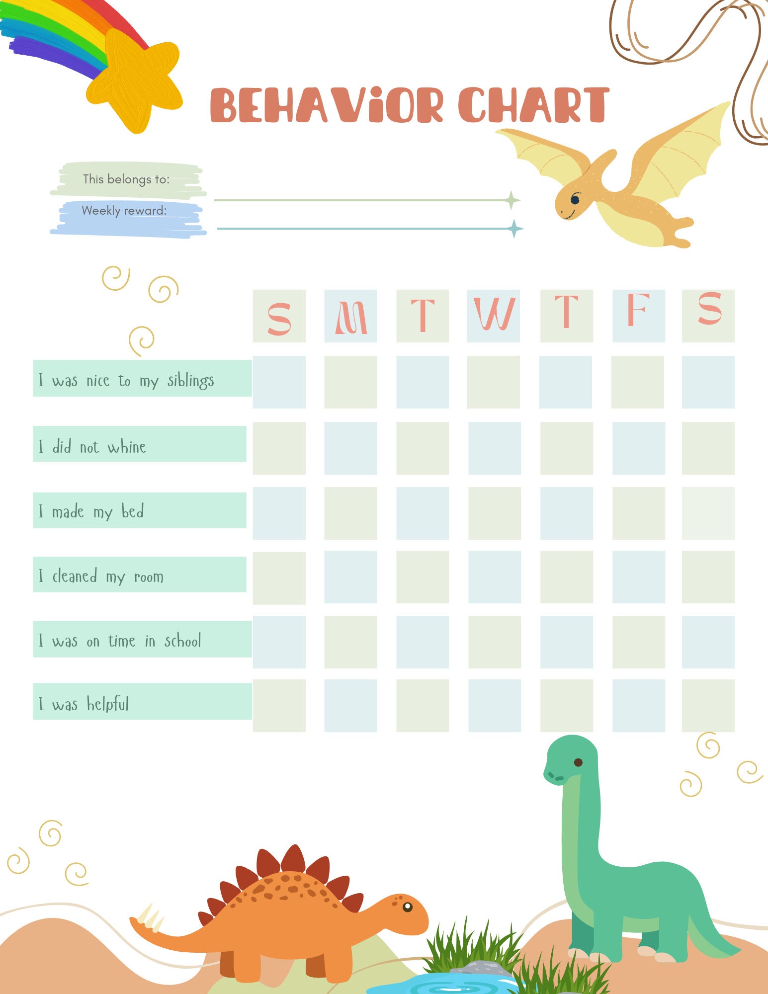 Kids Chore Chart Printable Dinosaur Chore Chart Bahavior Reward ...