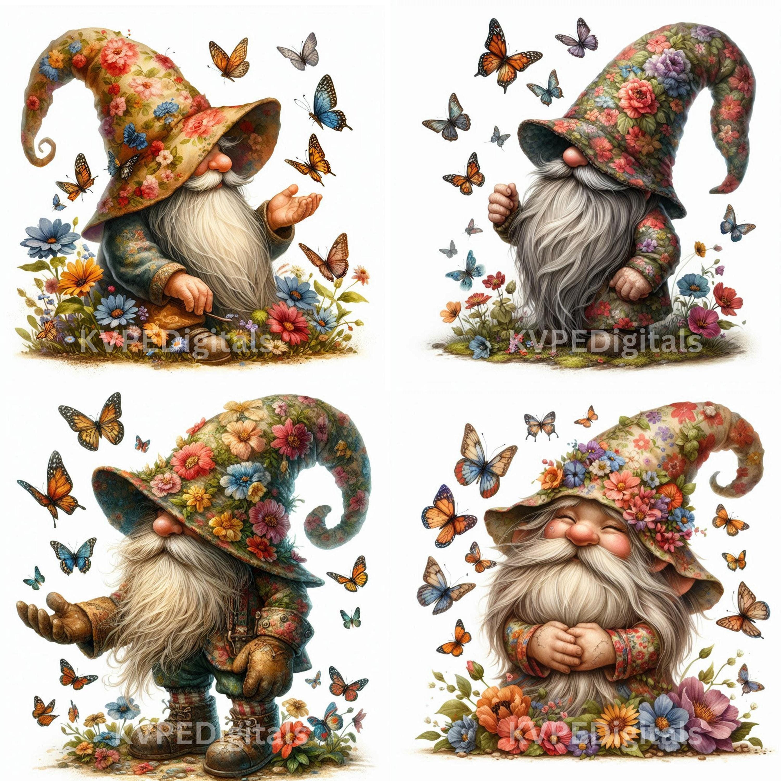 Butterfly Whisperer Spring Gnome, 17 Jpeg Springtime Garden Graphics ...