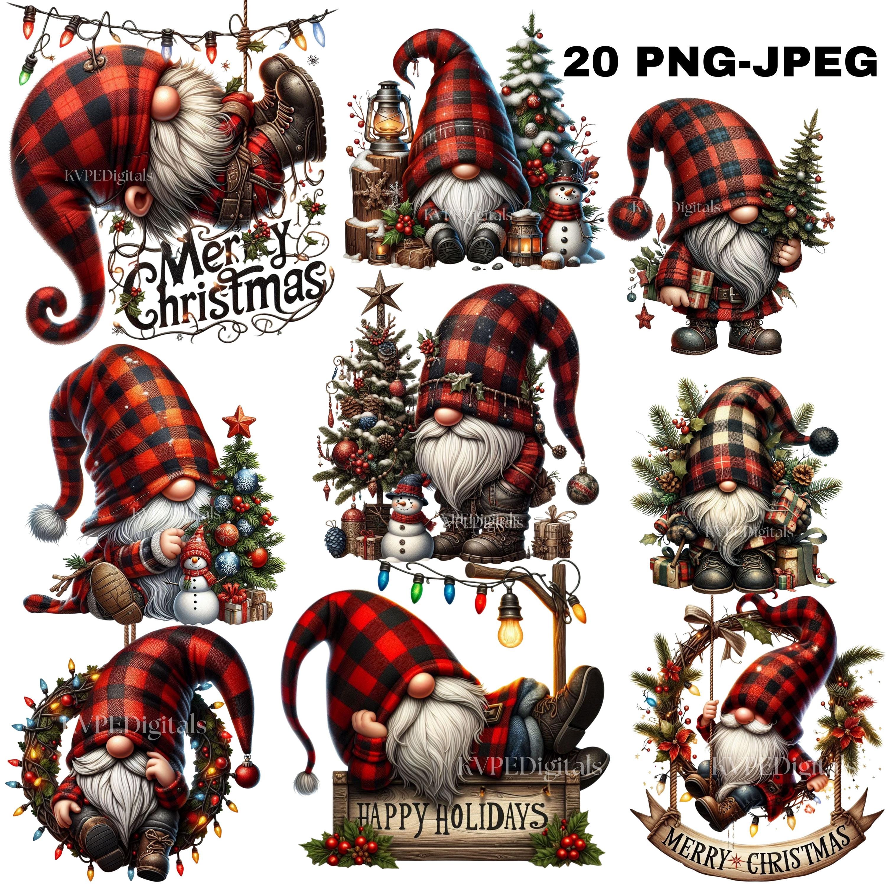 Rustic Buffalo Plaid Christmas Gnome Clipart Bundle, 20 PNG JPEG Cute ...