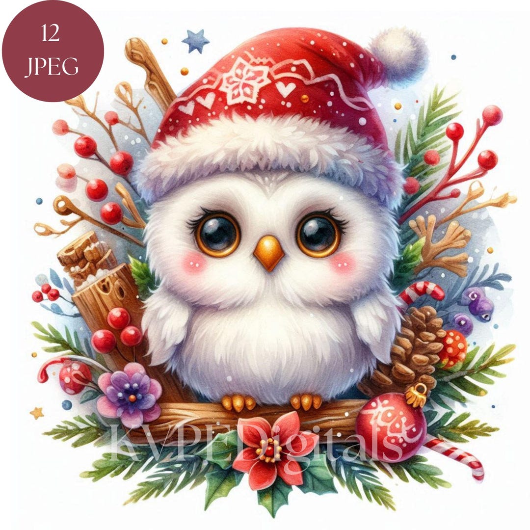 Christmas Owl, 12 Jpeg Christmas Animal Clipart Bundle, Watercolor ...