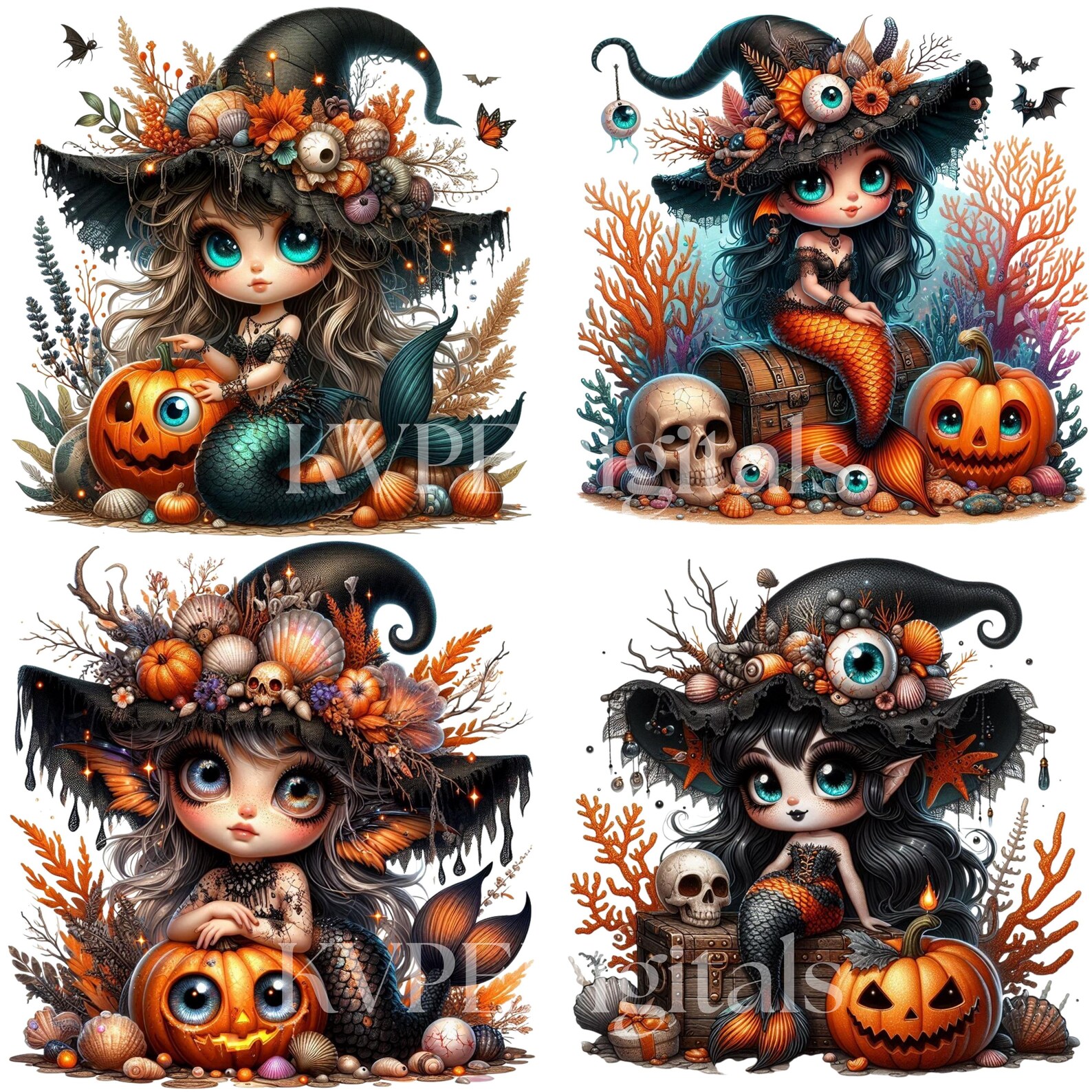 Halloween Witch Mermaid, 18 PNG JPEG Spooky Underwater Sea Creature ...