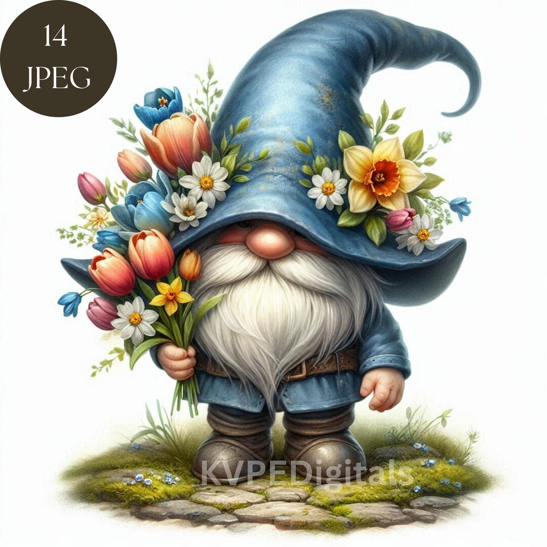 Spring Gnome Clipart Bundle, 14 Jpeg Watercolor Springtime Garden ...