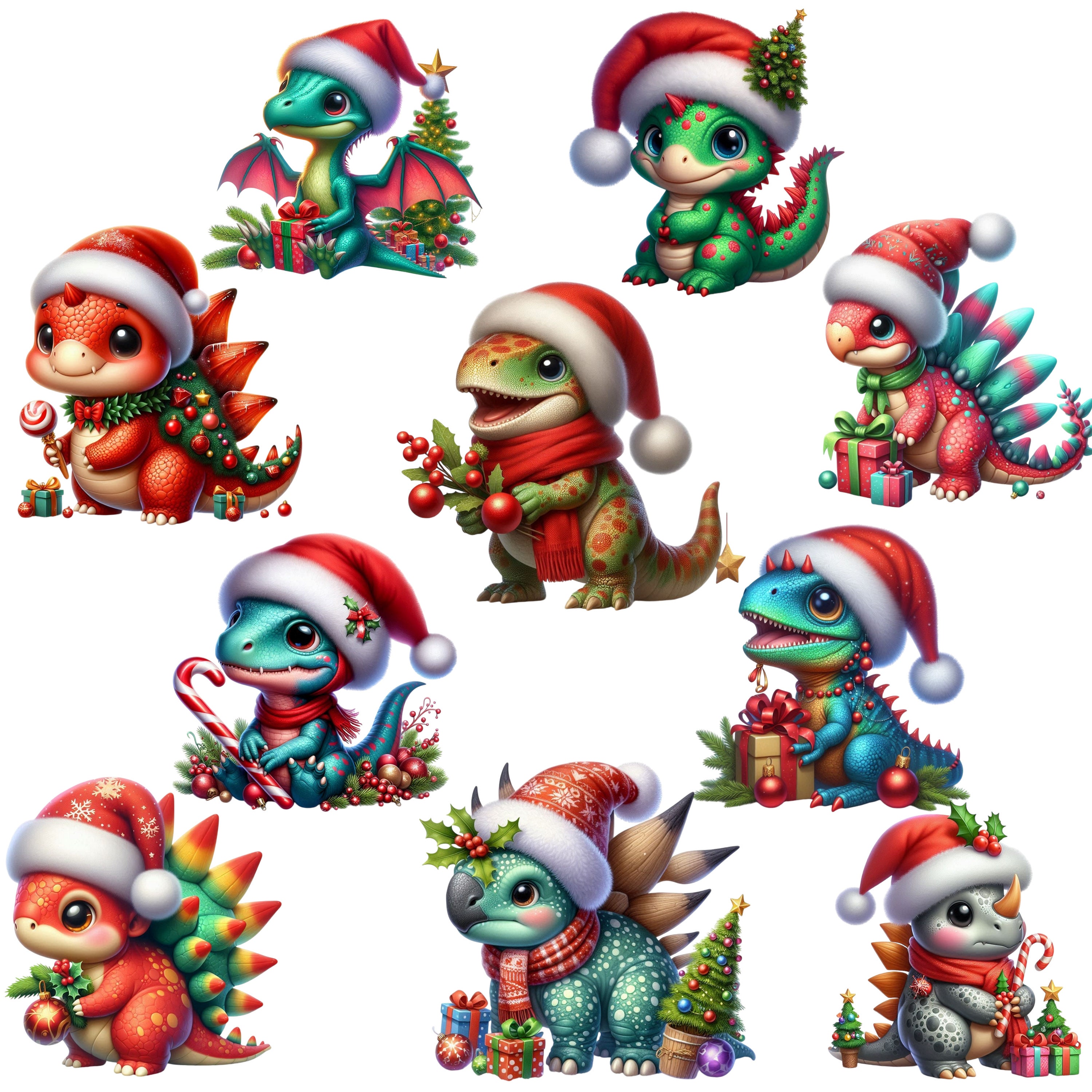 Christmas Dinosaur Clipart, 70 Cute PNG Jurassic Printables, Instant ...