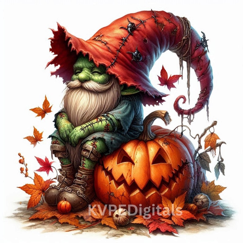Halloween Gnome Clipart, 10 Cute Green Goblin With Pumpkin, Fall Leaves ...